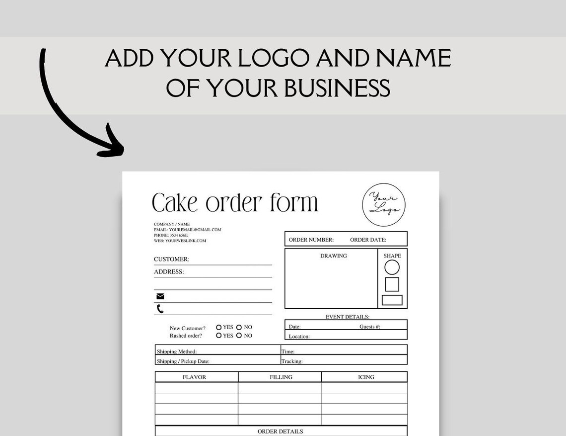 Editable and Printable Cake Order Form and Cake Care Card, Bakery Thank ...