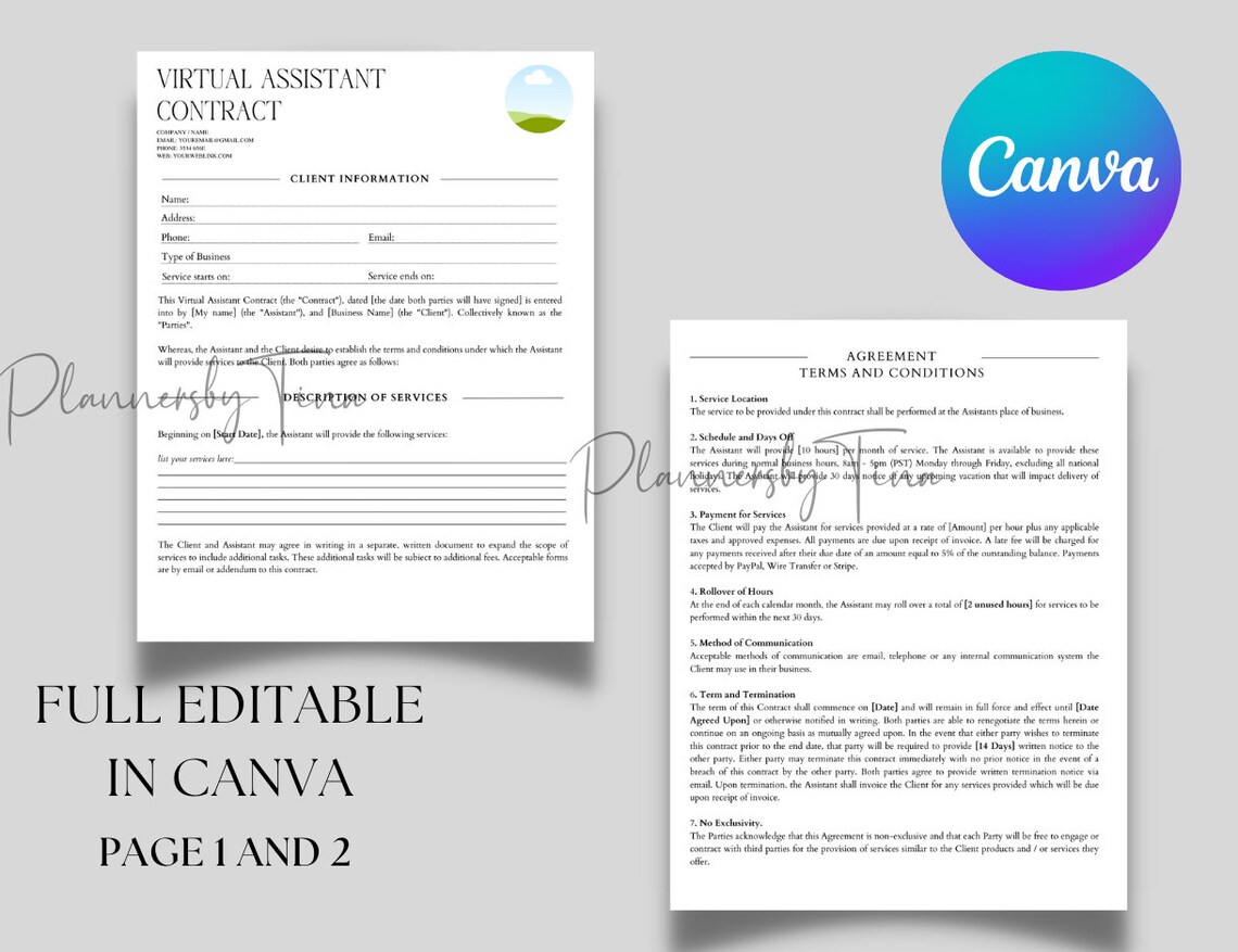 Editable and Printable Virtual Assistant Contract Template, Client ...