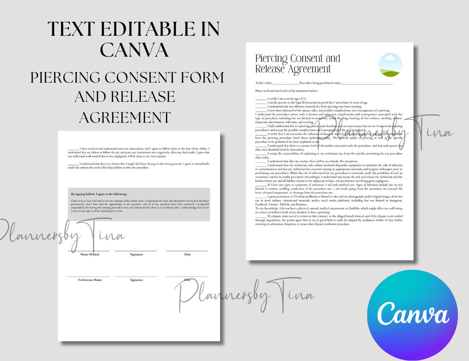 Editable and Printable Body Piercing Bundle Client Intake Form ...