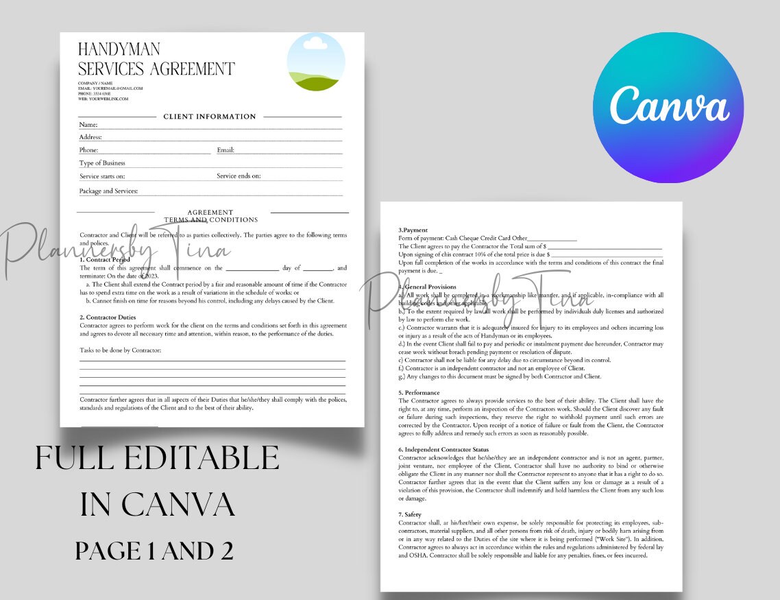 Editable Handyman Services Contract Agreement, Professional Handyman ...