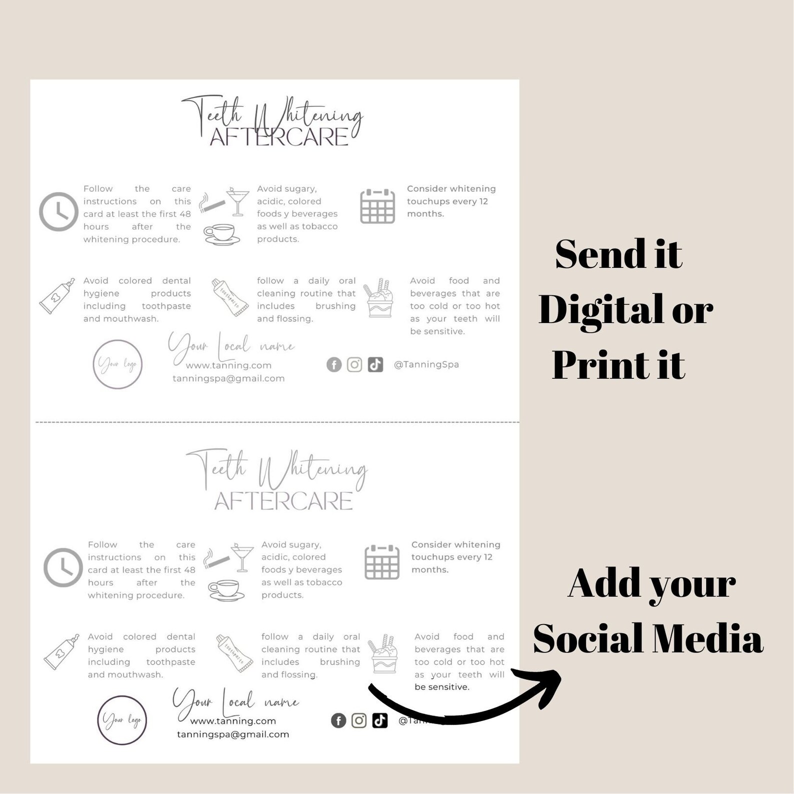 Editable and Printable Teeth Whitening Aftercare Card Template, Teeth ...