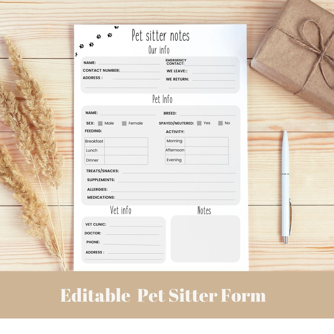 Pet Sitting Editable Form PDF, Pet Sitter Instructions Template , Pet ...
