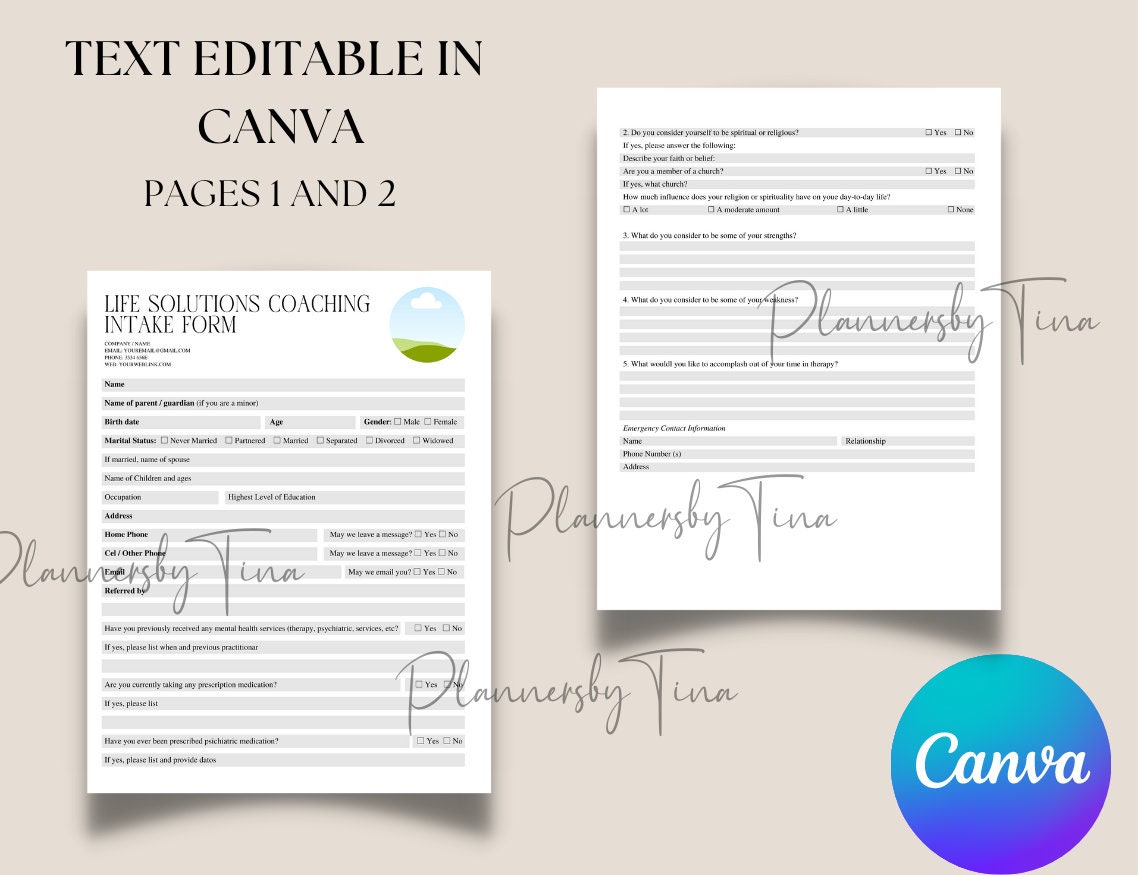 Editable and Printable Life Solutions Coaching Client Intake Form ...