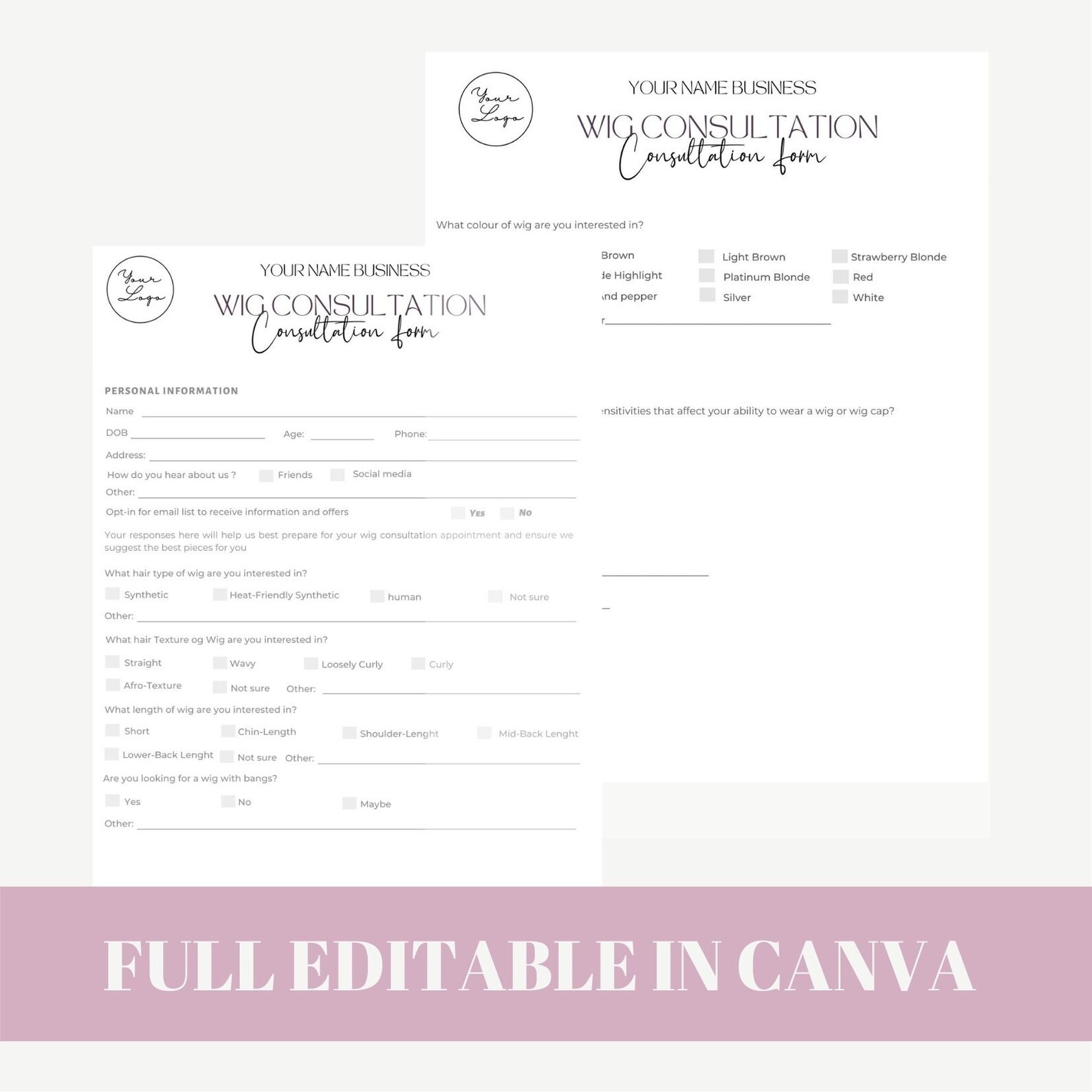 Editable and Printable Wig Consultation Form Template, Wigs Client Form ...