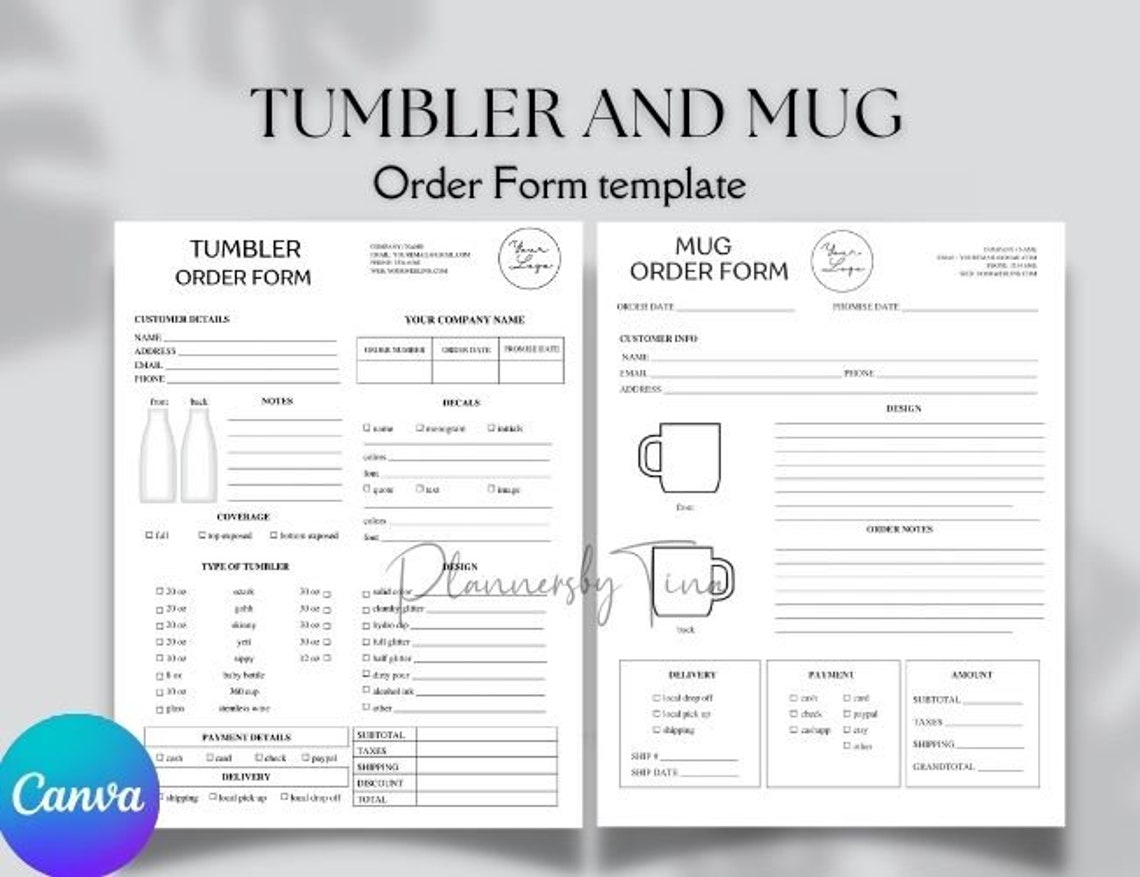 Editable and Printable Tumbler and Mug Order Form Template, Custom ...