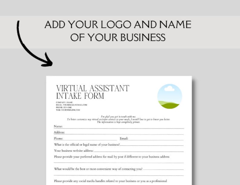 Editable and Printable Virtual Assistant Intake Client Form Template ...