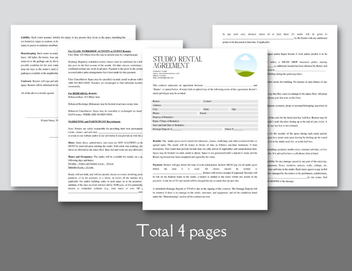 Editable and Printable Studio Rental Agreement Contract Template ...