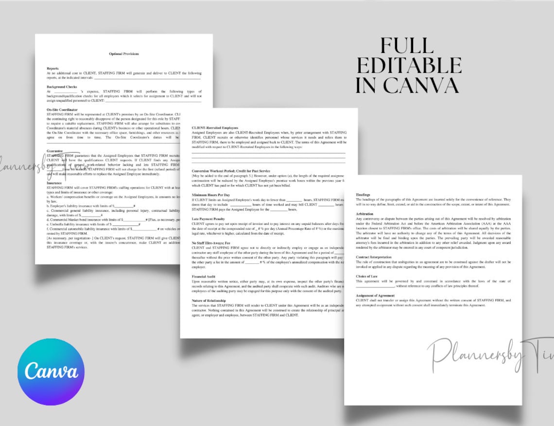 Editable and Printable Staffing Agency Contracts Template, Recruitment ...