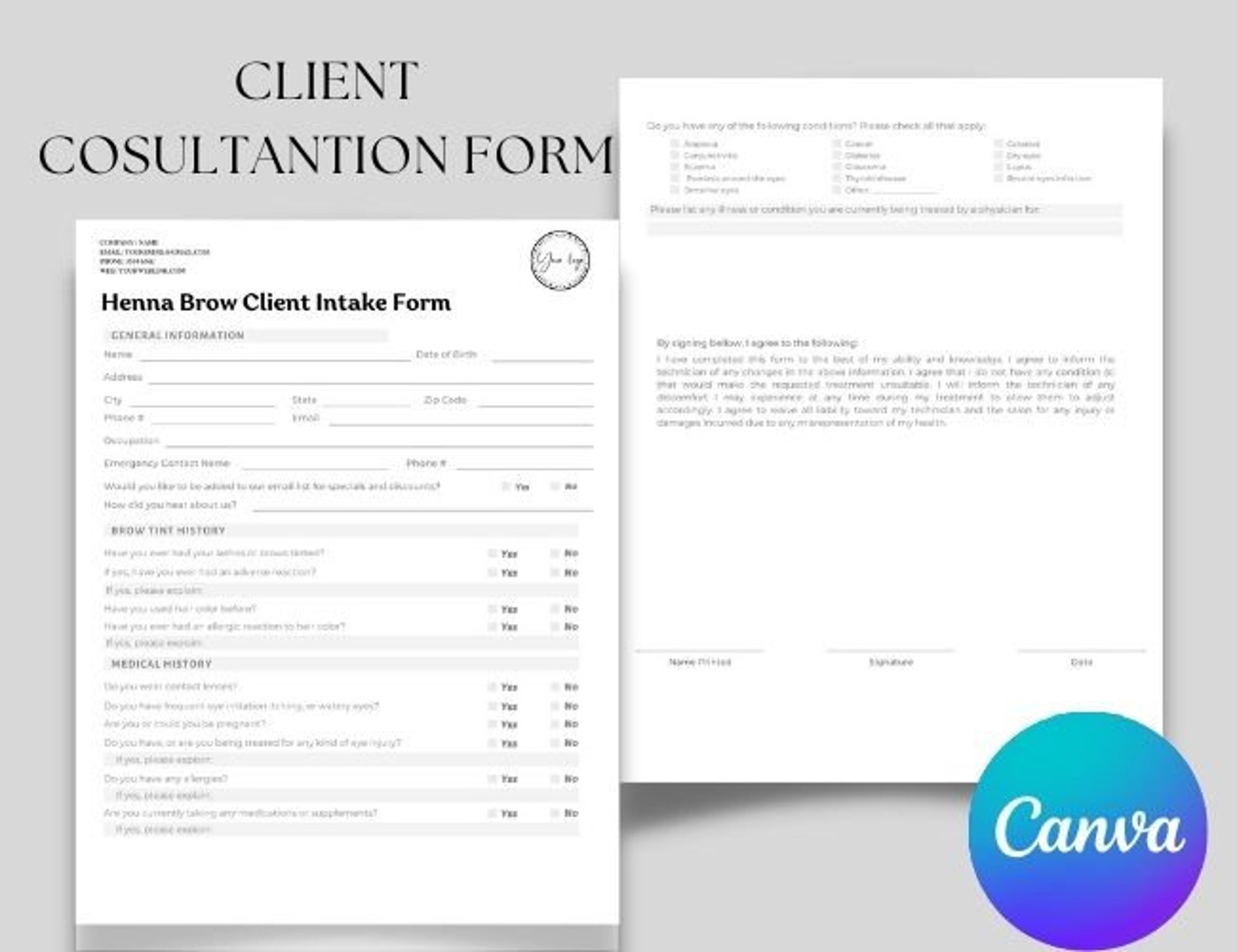 Editable and Printable Henna Brow Form Template, Editable Henna Brows ...