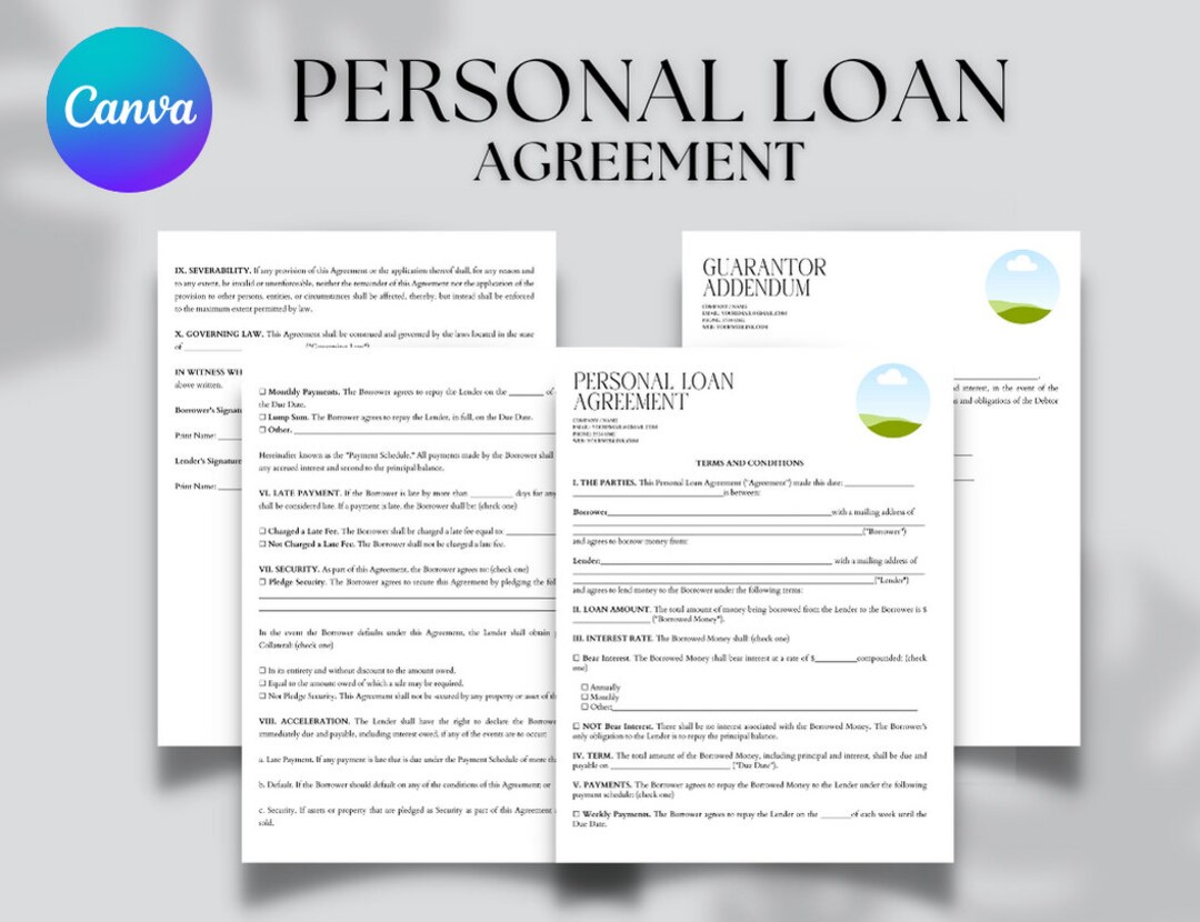 Editable and Printable Personal Loan Agreement Template, Personal Loan ...