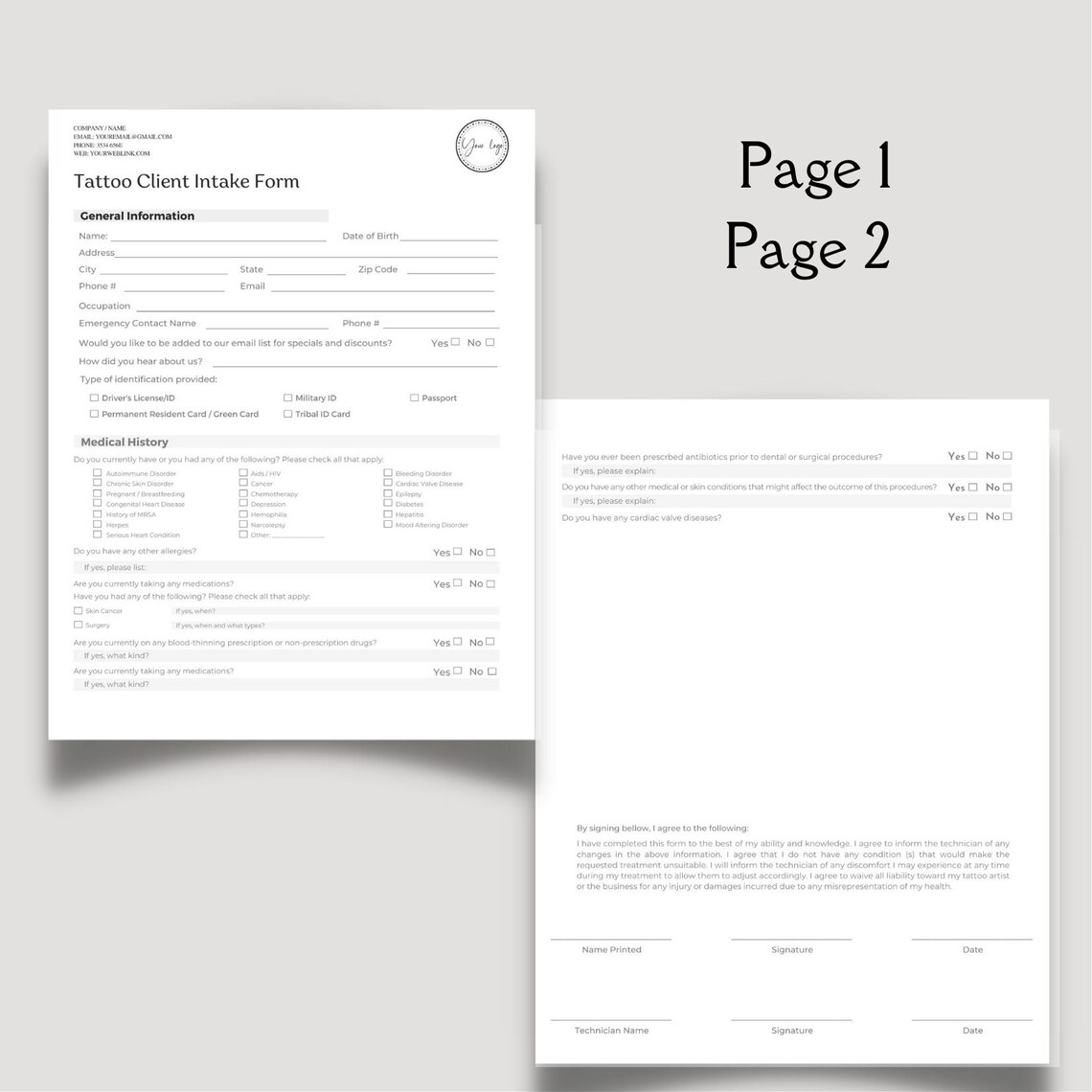 Editable and Printable Tattoo Client Intake Form, Tattoo Business Forms ...