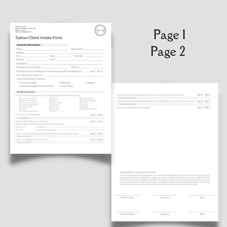 Editable and Printable Tattoo Client Intake Form, Tattoo Business Forms ...