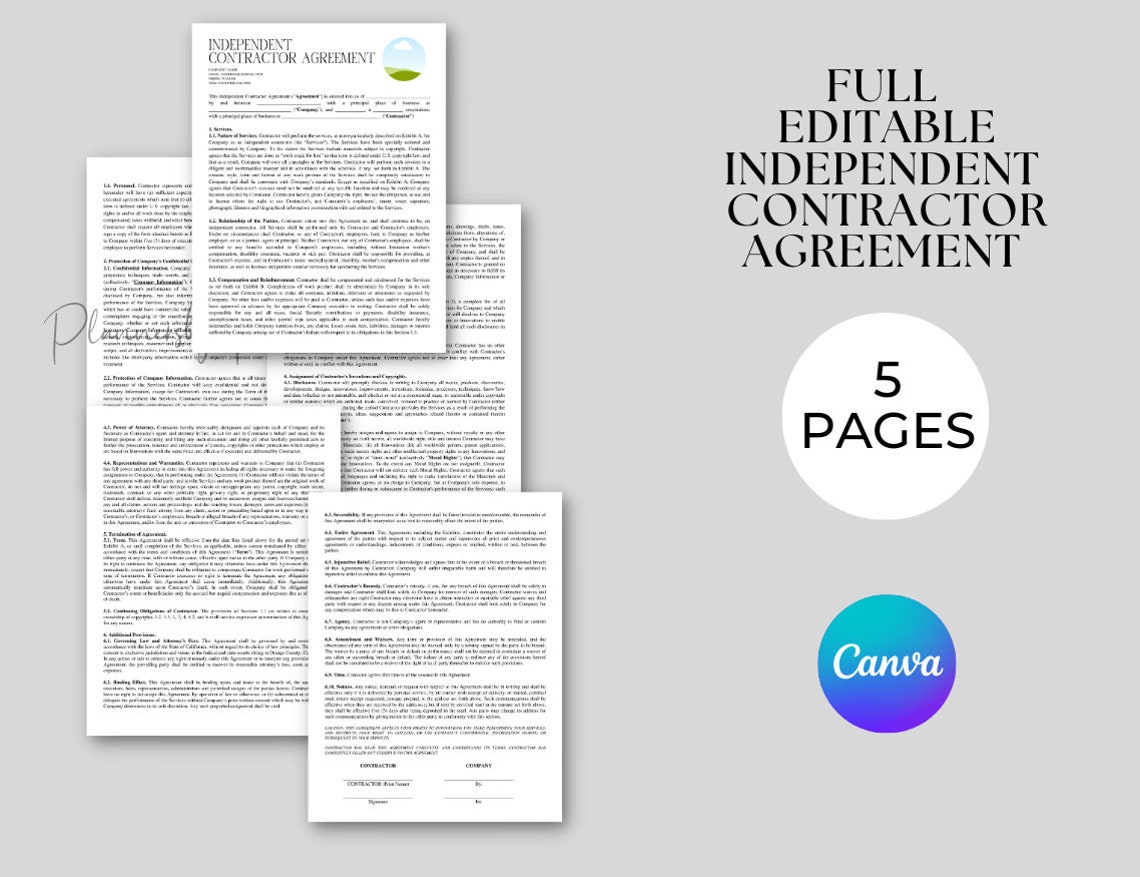 Editable and Printable Independent Contractor Contract Template ...