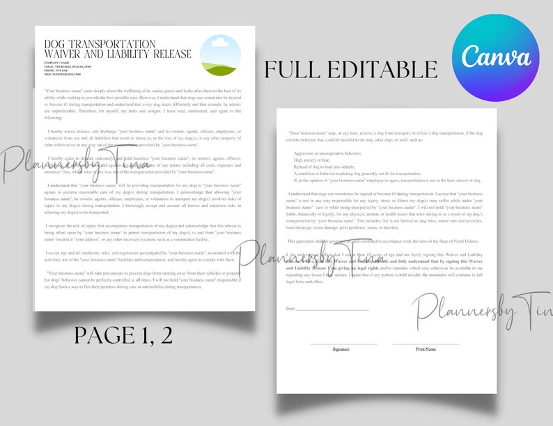 Editable and Printable Dog Transportation Waiver and Liability Release ...