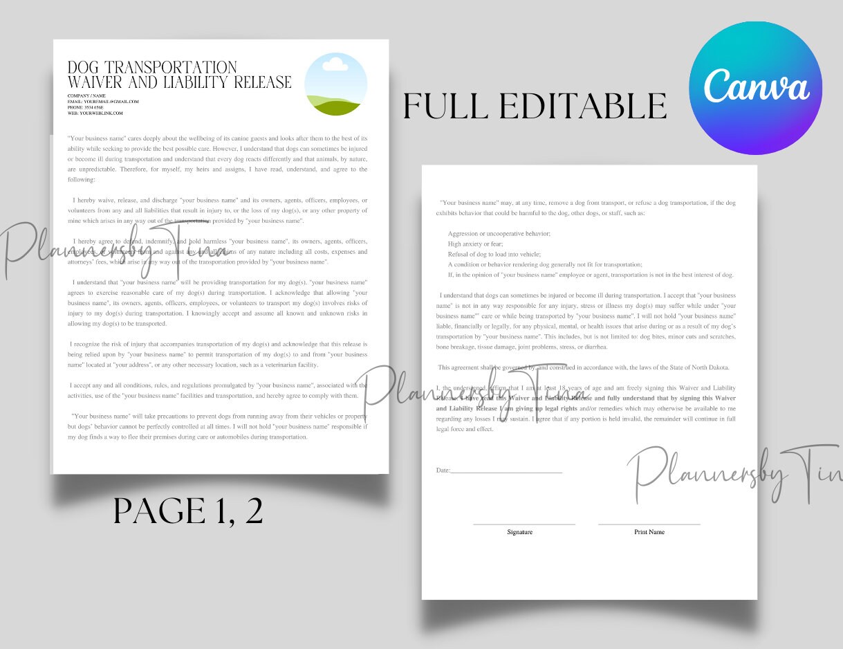 Editable and Printable Dog Transportation Waiver and Liability Release ...