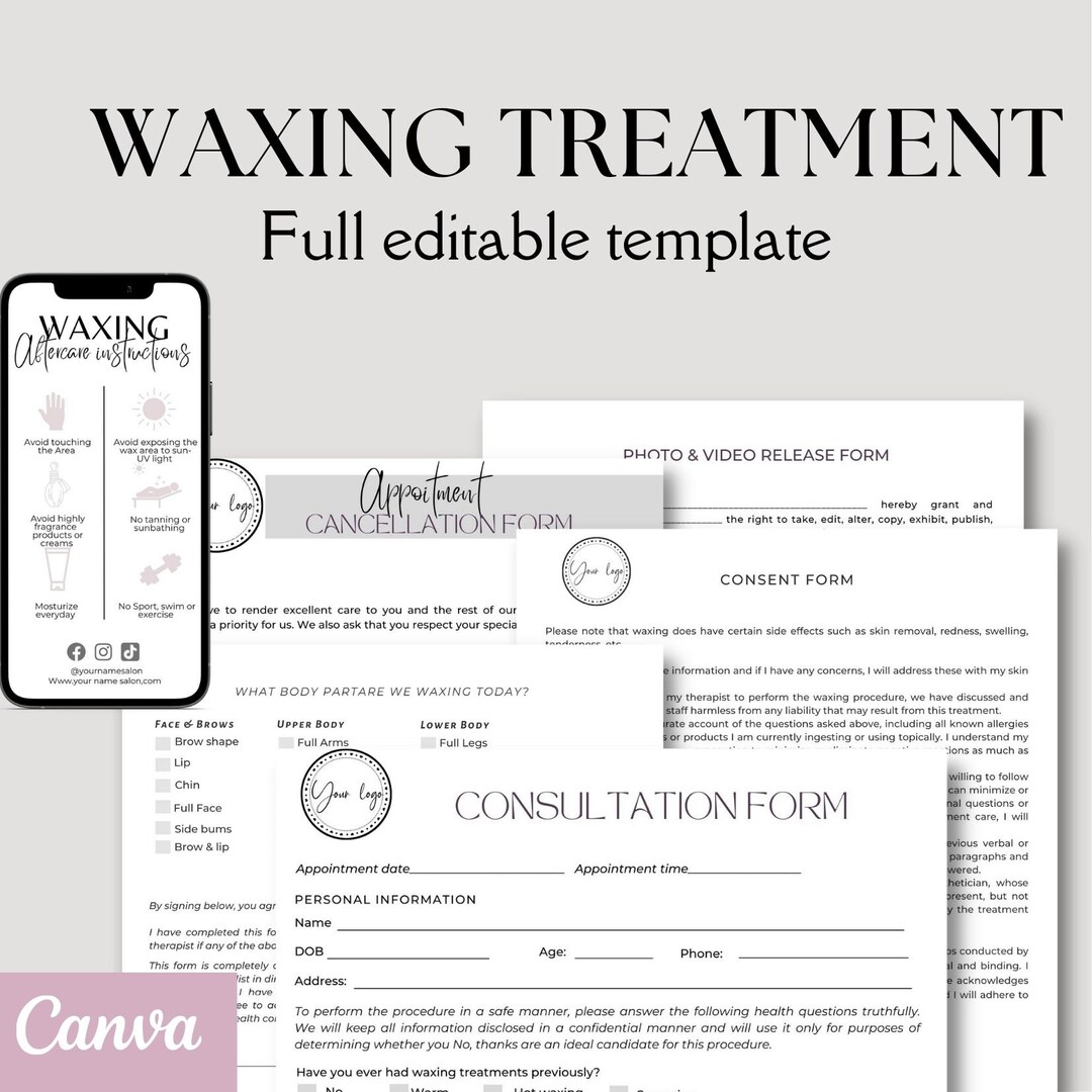 Editable and Printable Waxing Treatment Template Form, Waxing Forms ...