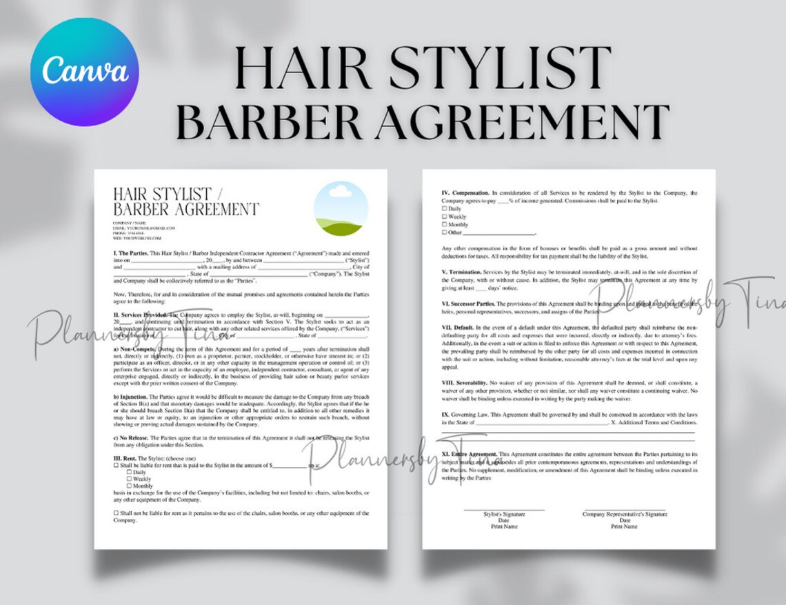 Editable and Printable Hair Stylist Barber Contract Template, Barber ...