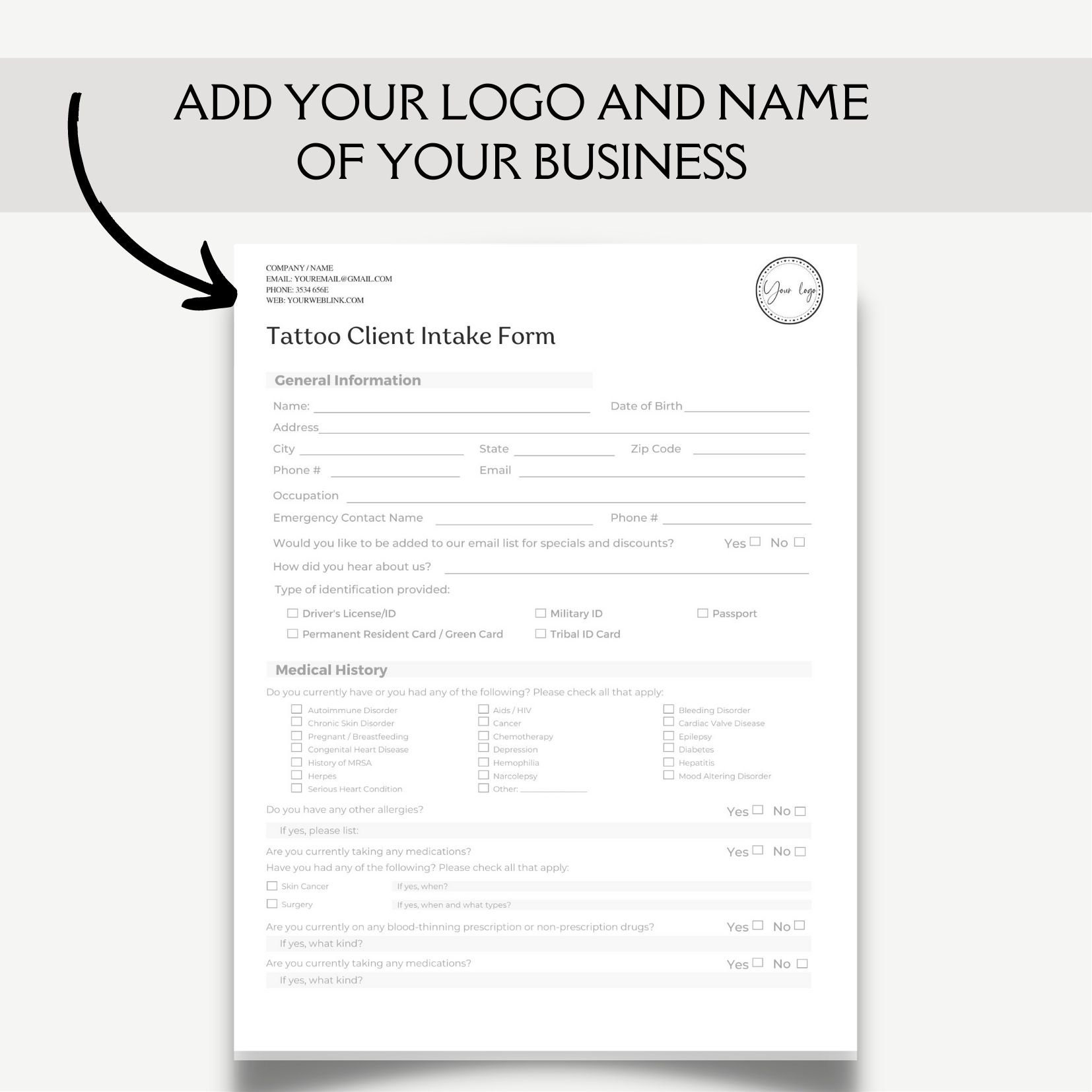 Editable and Printable Tattoo Client Intake Form, Tattoo Business Forms ...