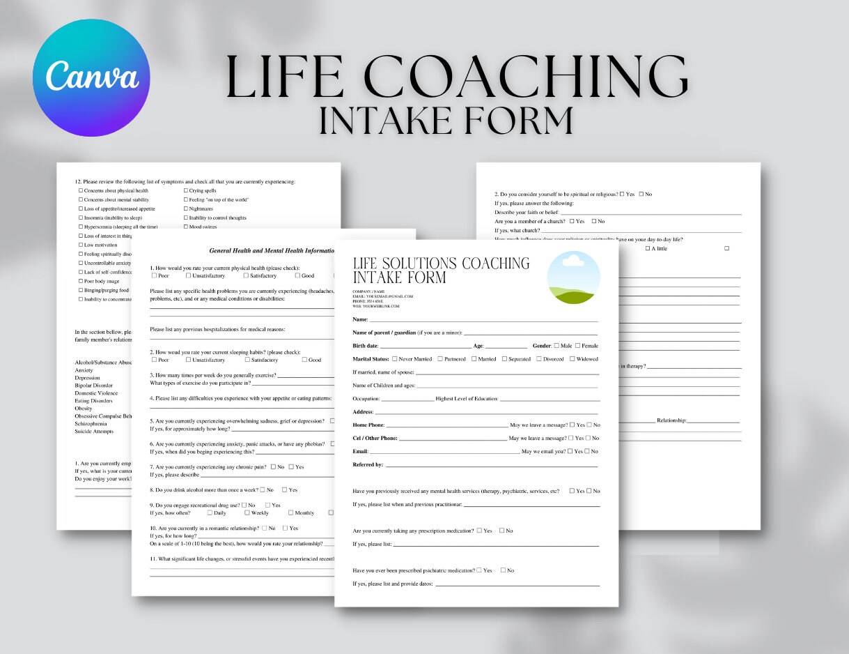 Editable and Printable Life Solutions Coaching Client Intake Form ...