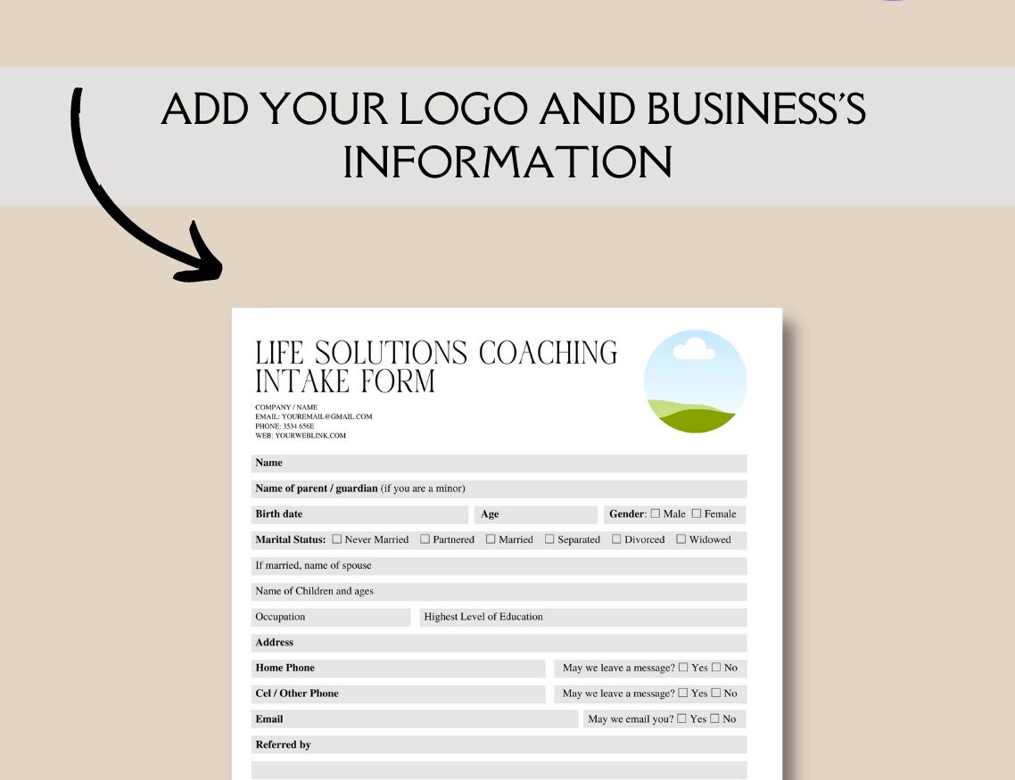 Editable and Printable Life Solutions Coaching Client Intake Form ...