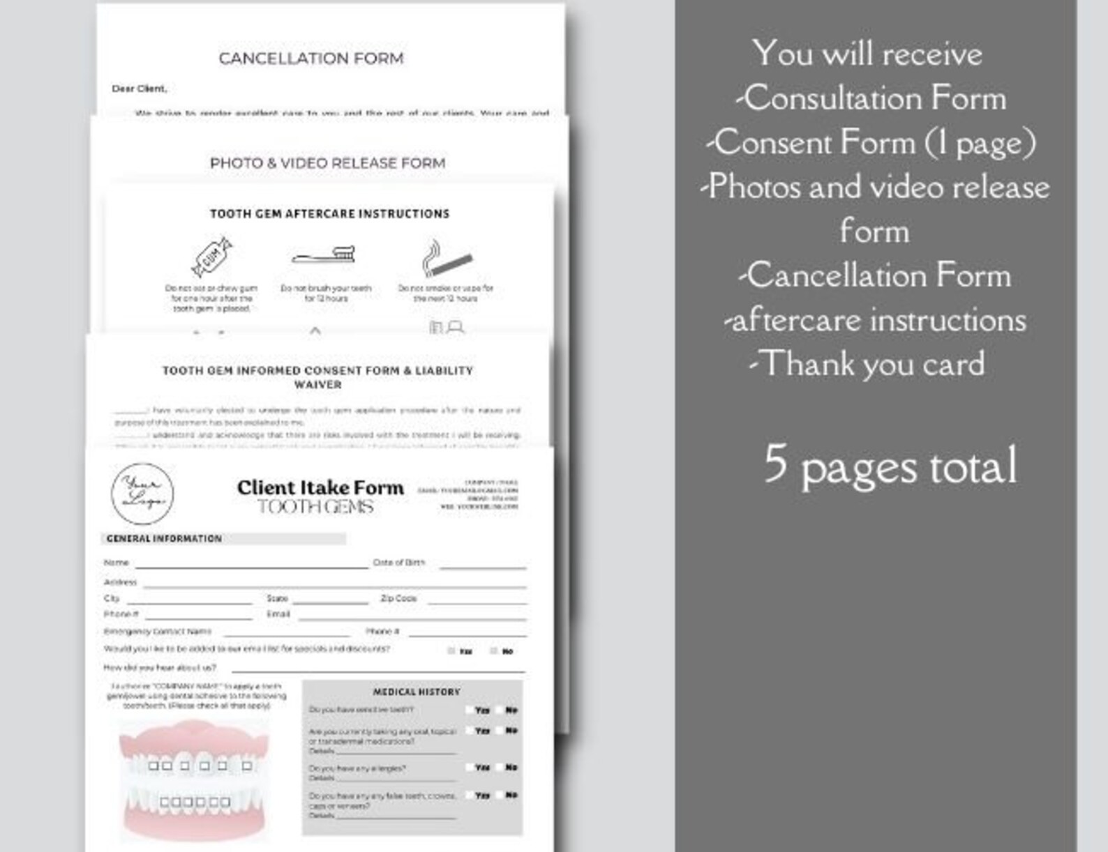 Editable and Printable Tooth Gem Consent Form, Tooth Gem Business Forms ...