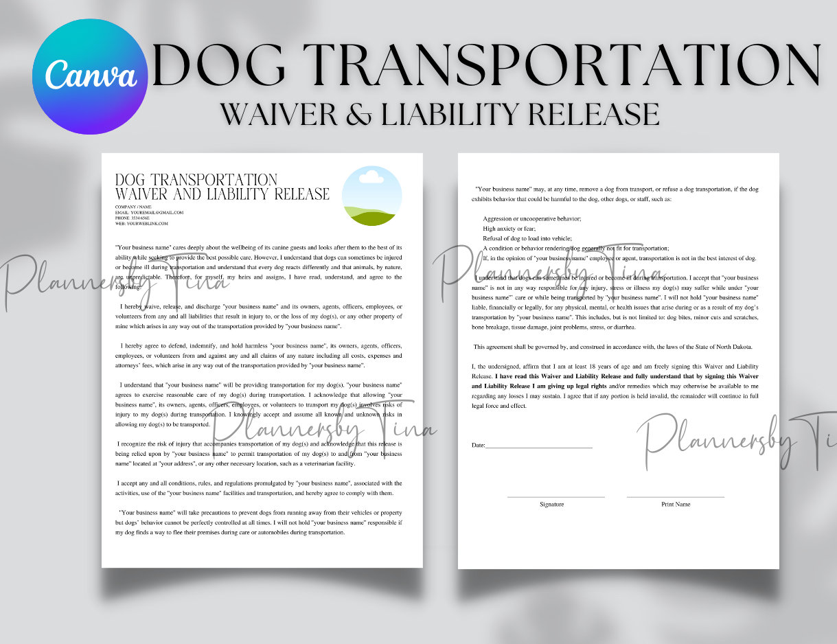 Editable and Printable Dog Transportation Waiver and Liability Release ...