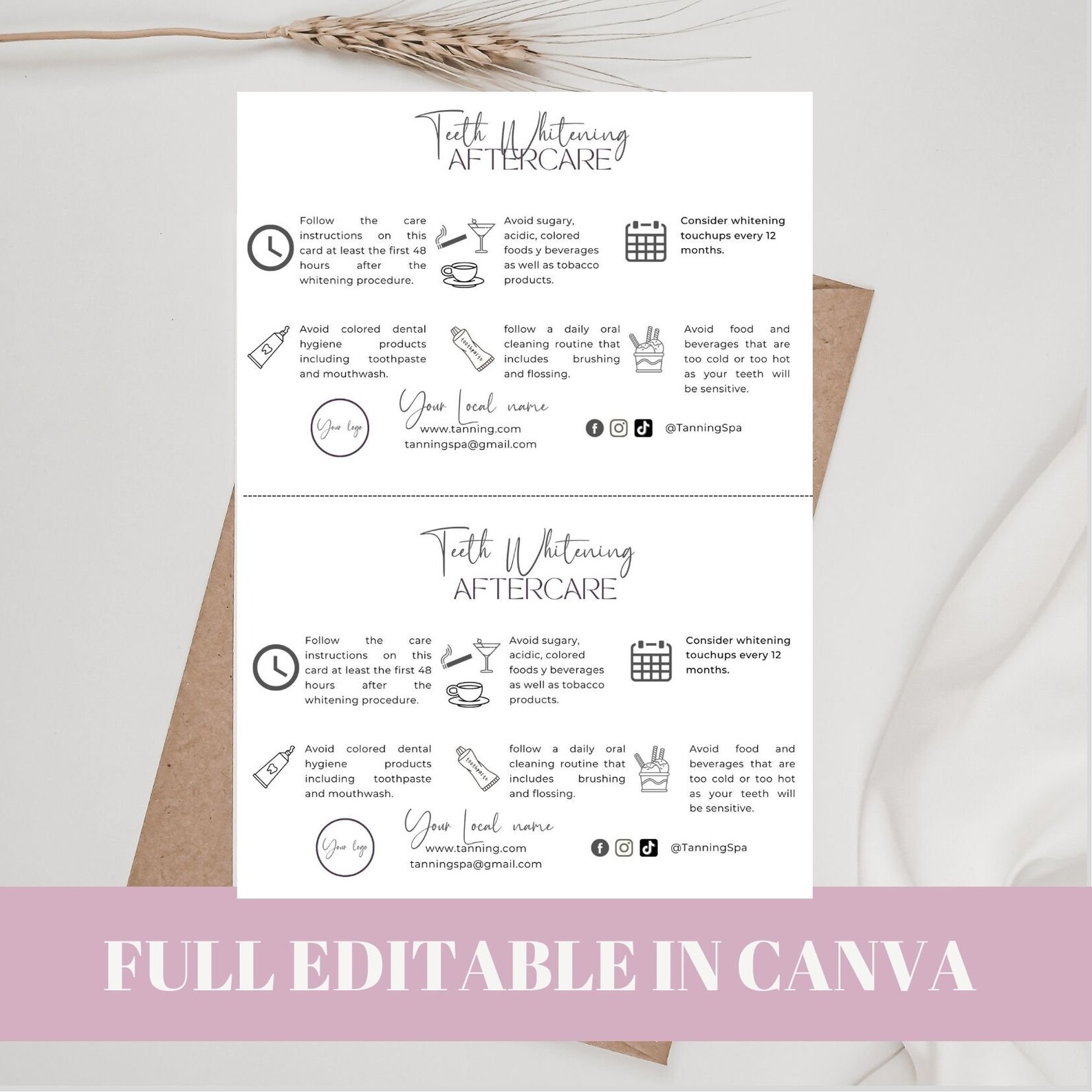 Editable and Printable Teeth Whitening Aftercare Card Template, Teeth ...