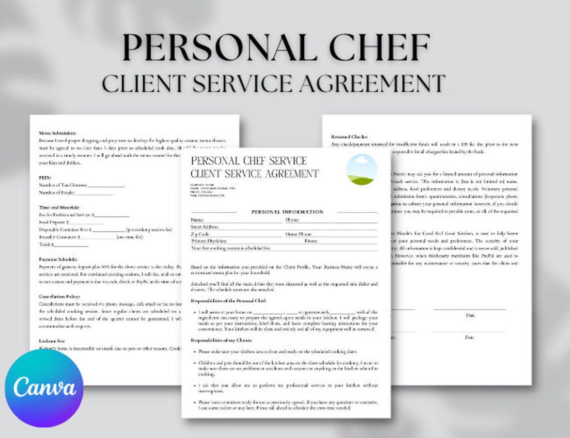 Editable and Printable Private Chef Client Service Agreement Contract ...