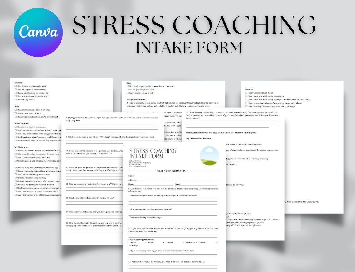 Editable and Printable Stress Coaching Client Intake Form Template ...