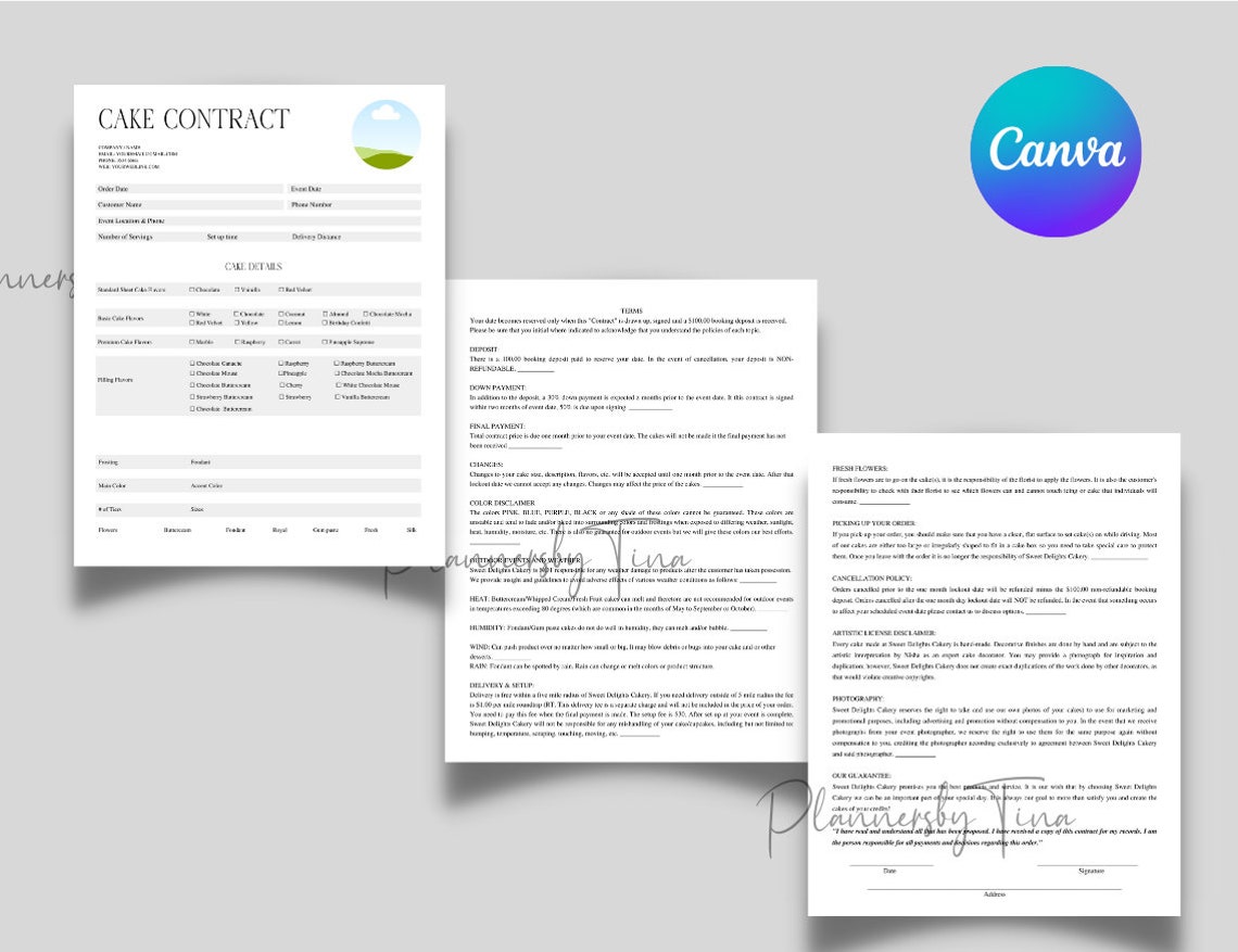 Editable and Printable Cake Contract Template, Cake Forms, Bakery ...