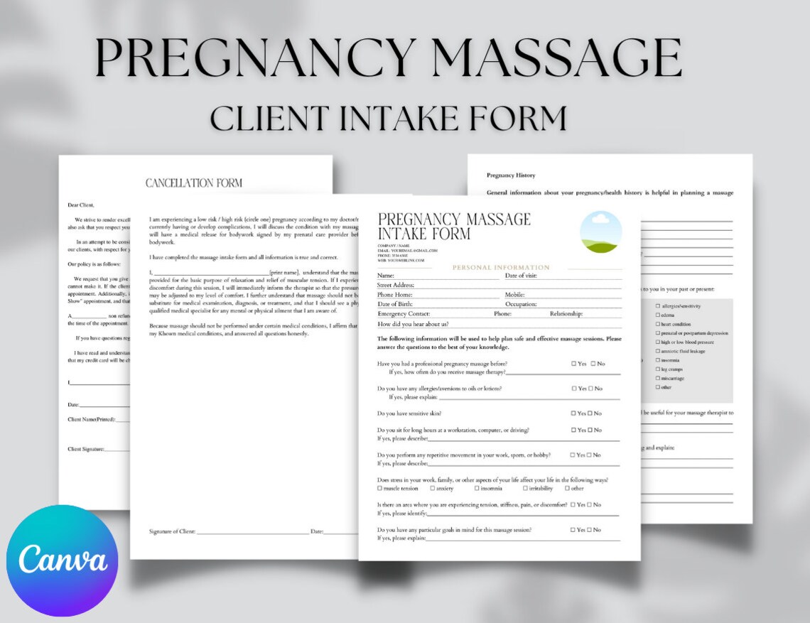 Editable and Printable Pregnancy Massage Client Intake Forms, Editable Prenatal Consultation ...