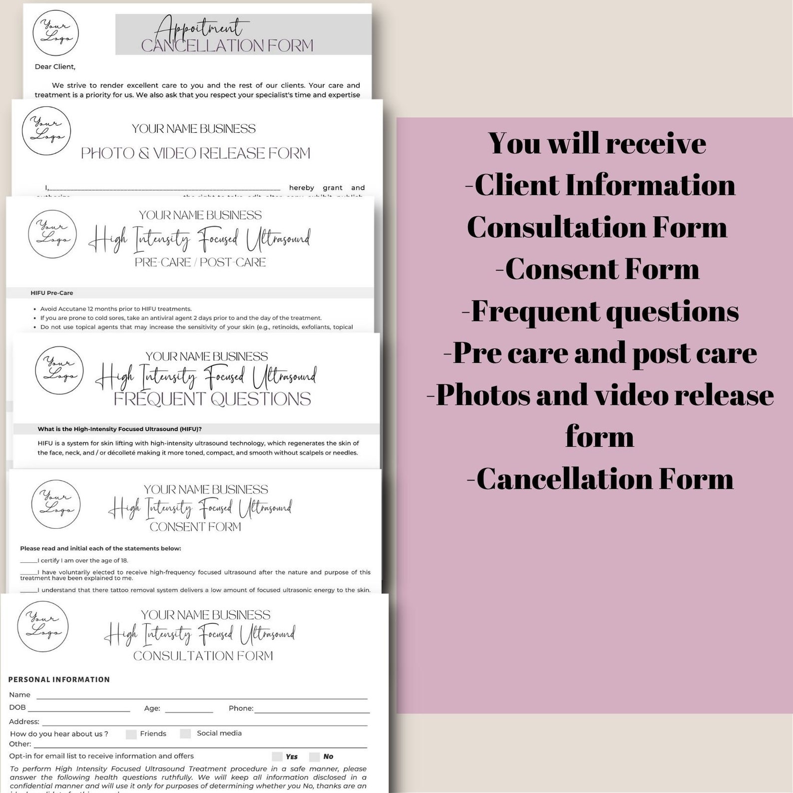 HIFU Client Consent Intake Treatment Forms, High Intensity Focused ...