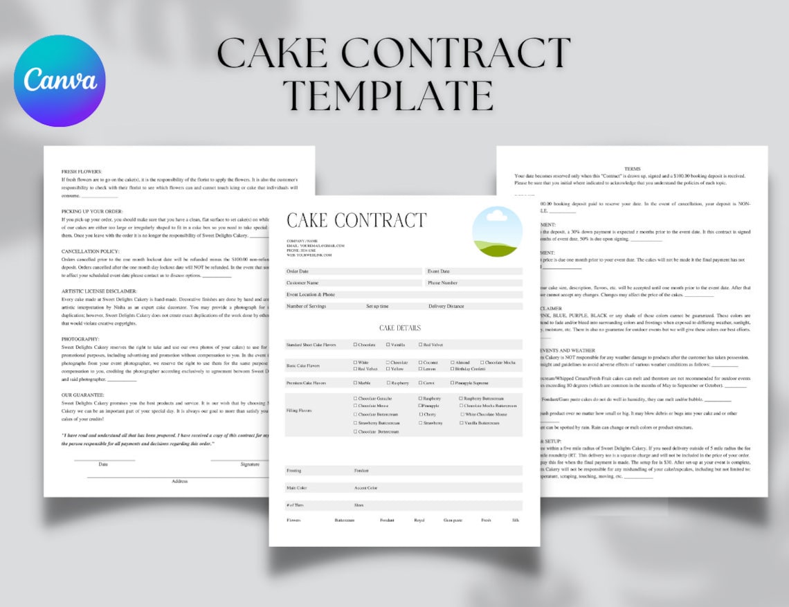 Editable and Printable Cake Contract Template, Cake Forms, Bakery ...