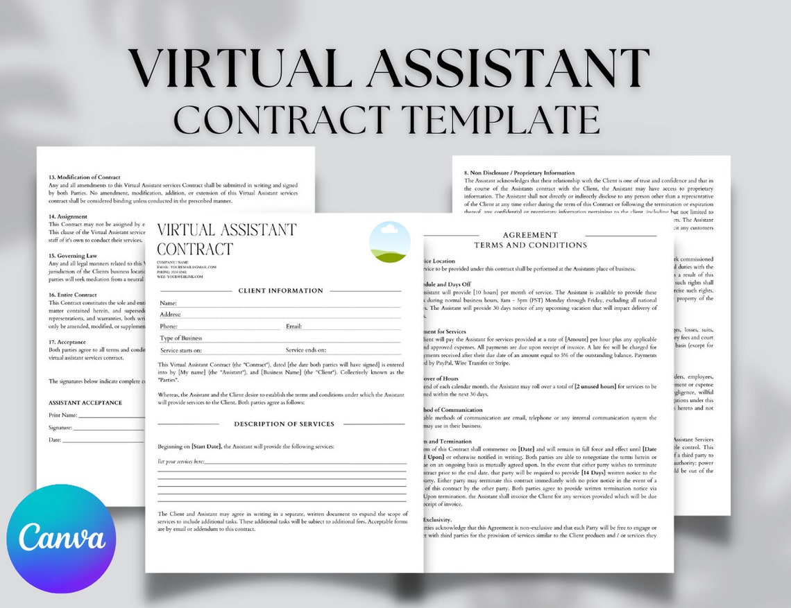 Editable and Printable Virtual Assistant Contract Template, Client ...