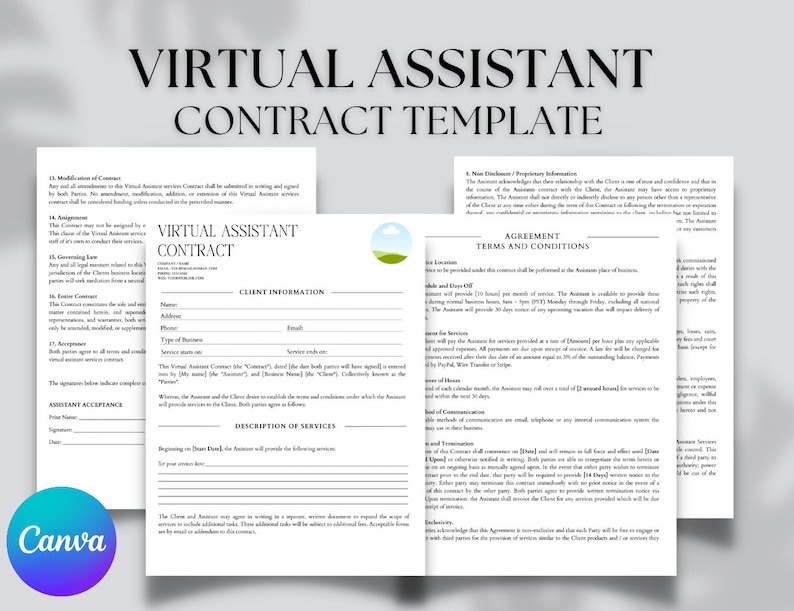 Editable and Printable Virtual Assistant Contract Template, Client ...