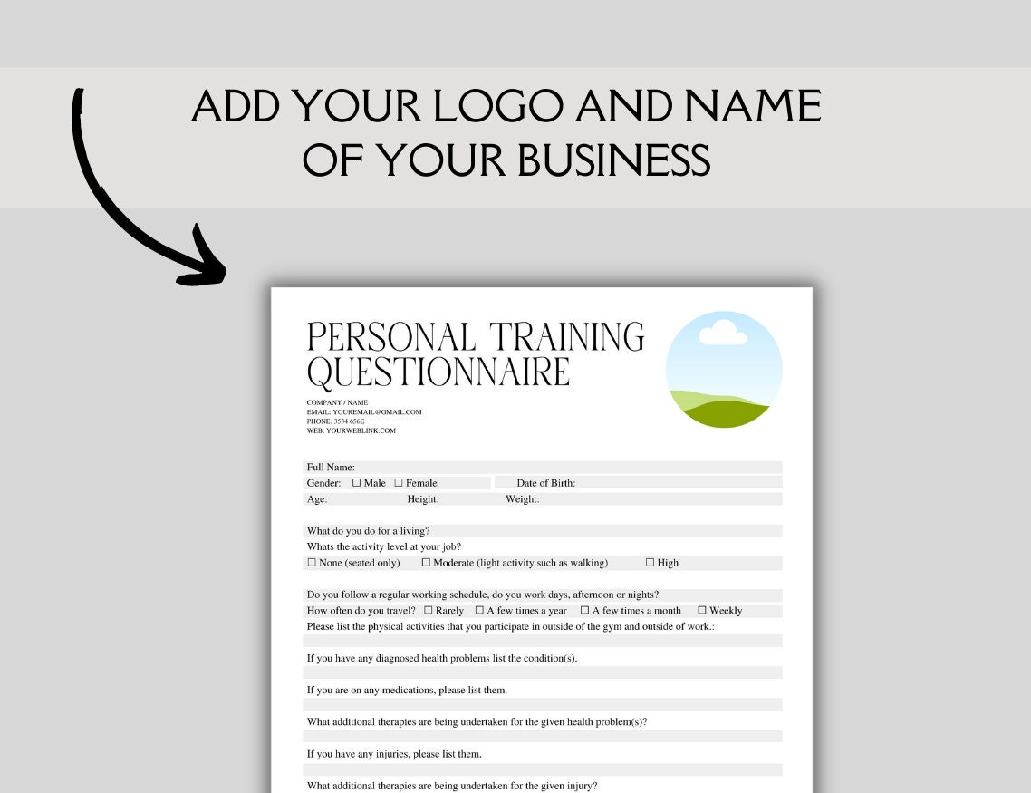 Editable Personal Training Questionnaire New Patient Intake Form ...