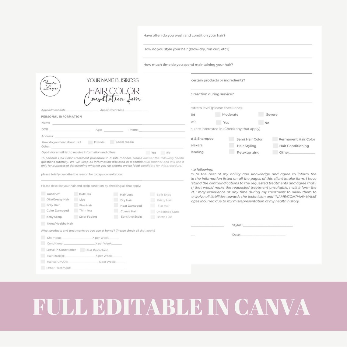 Editable and Printable Hair Color Consultation Form Template, Hair ...