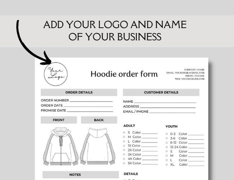 Editable and Printable T-shirt and Hoodie Order Form Template, Minimalist Tshirt Custom Order ...