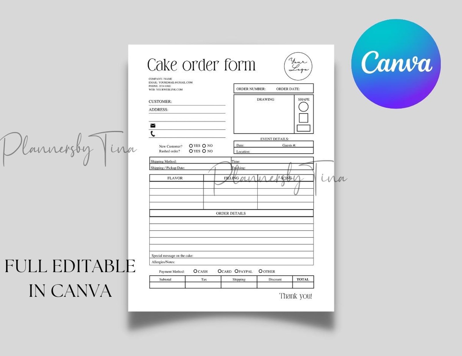 Editable and Printable Cake Order Form and Cake Care Card, Bakery Thank ...