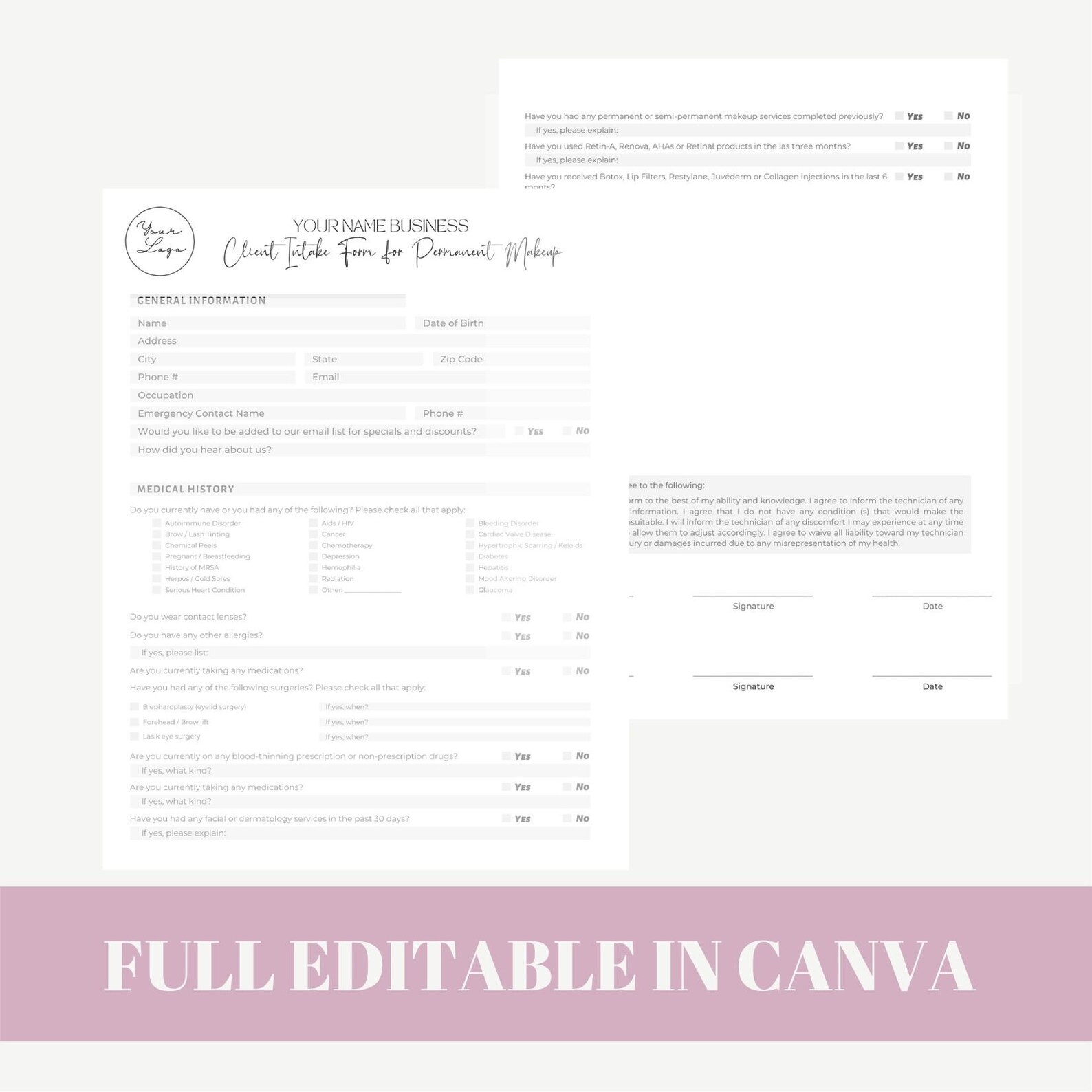 Editable and Printable PMU Consent Form, Permanent Makeup Consent Forms ...