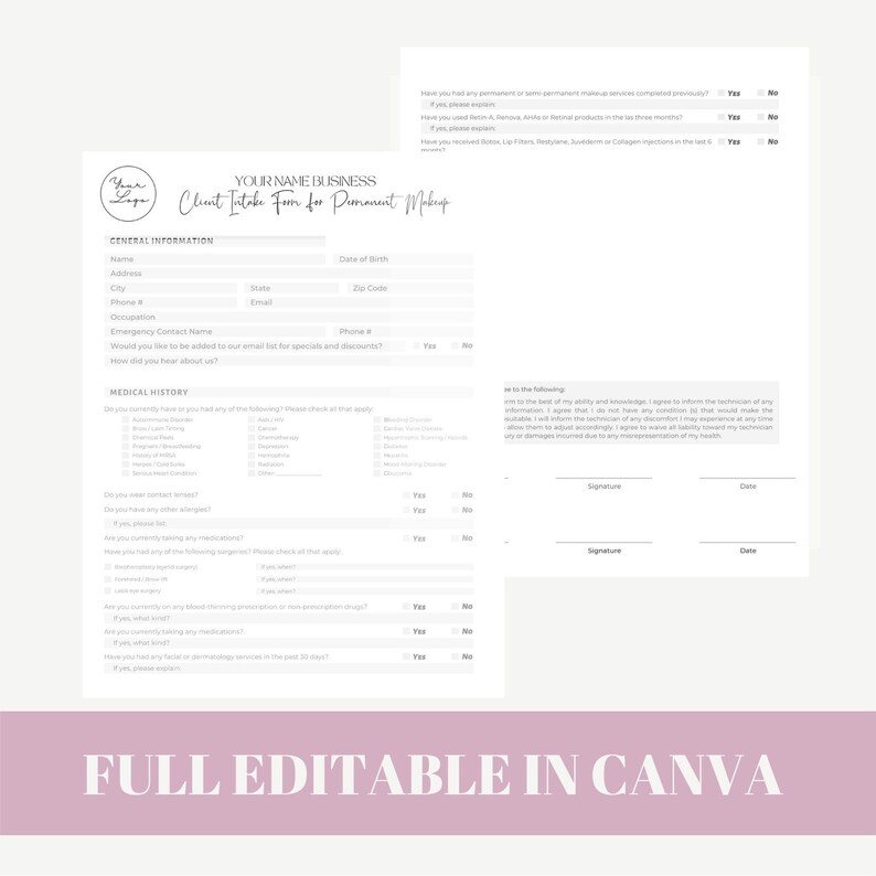 Editable and Printable PMU Consent Form, Permanent Makeup Consent Forms ...