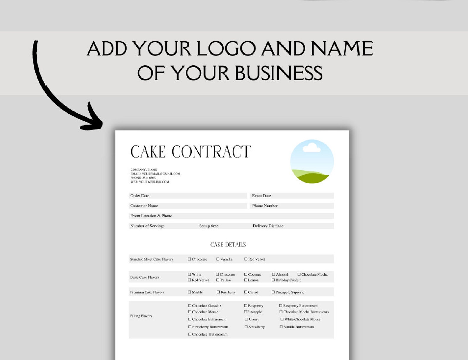 Editable and Printable Cake Contract Template, Cake Forms, Bakery ...