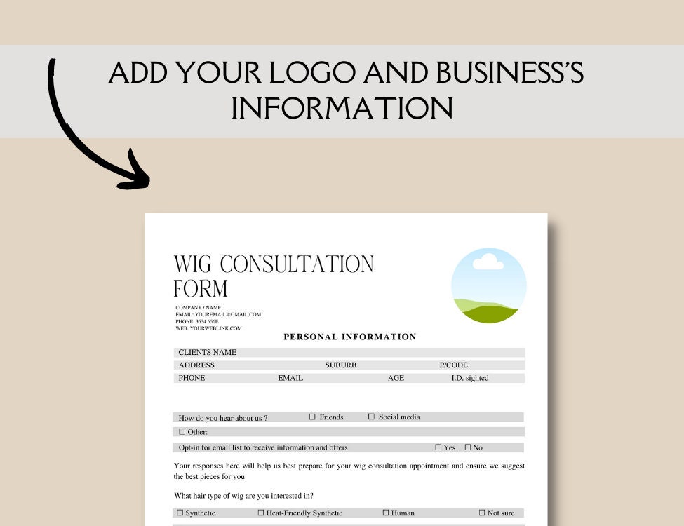 Editable and Printable Wig Consultation Form Template, Wigs Client Form ...