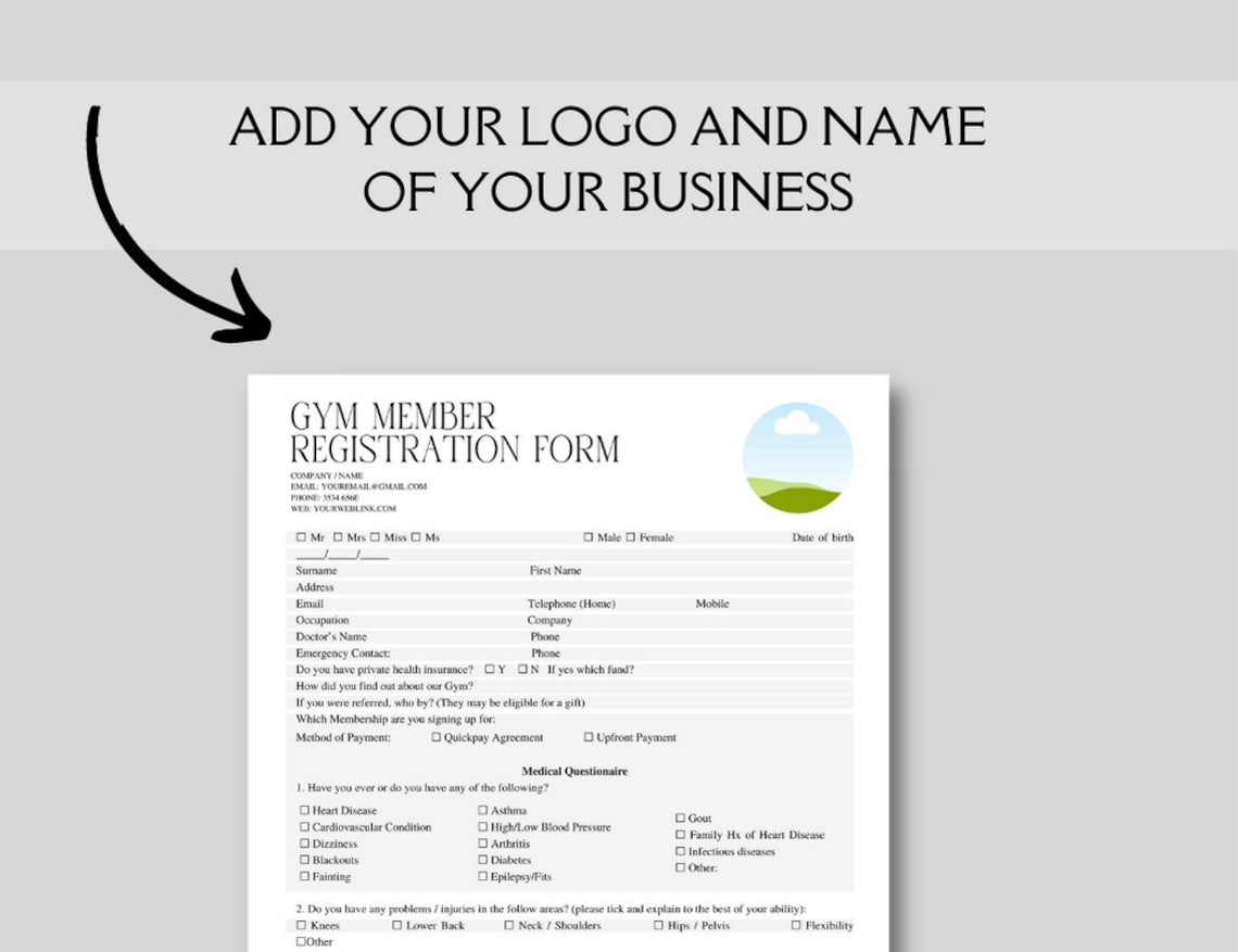 Editable and Printable Gym Member Registration Form Form, New Gym ...
