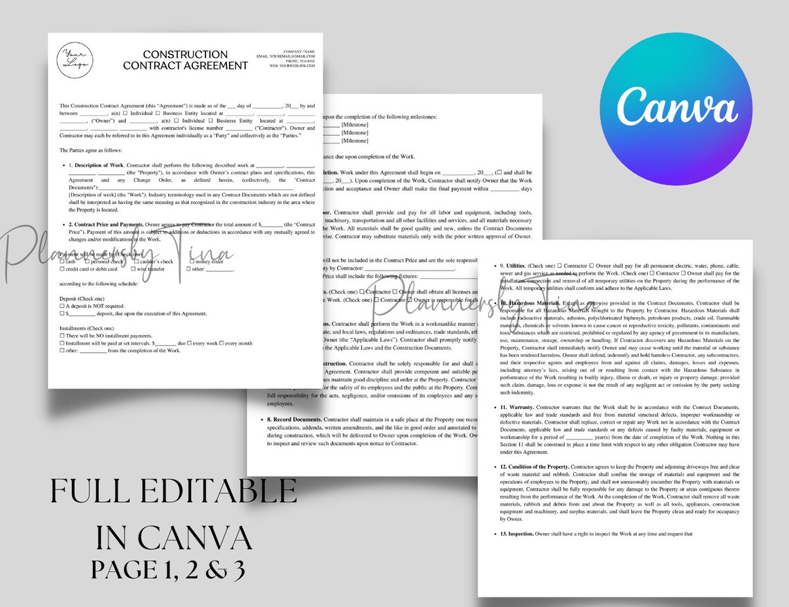 Editable Construction Services Contract Agreement, Professional ...