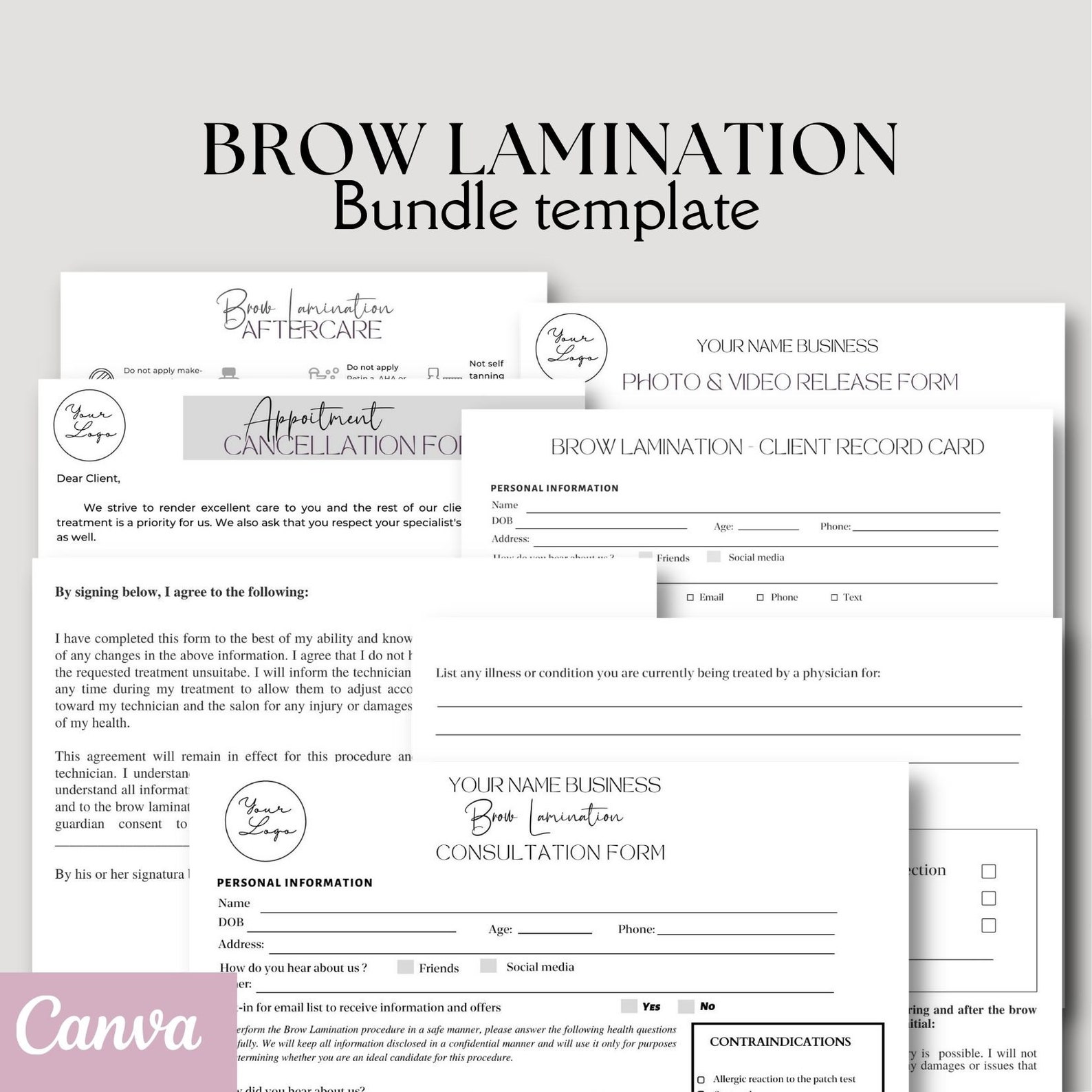 Editable Brow Lamination Template Bundle, Brow Lamination Care Cards ...