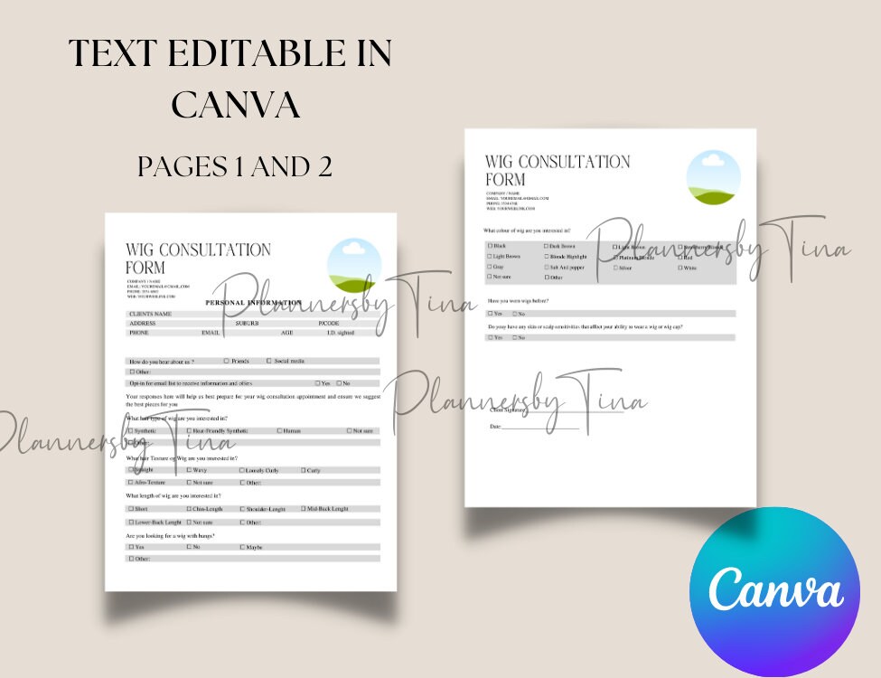 Editable and Printable Wig Consultation Form Template, Wigs Client Form ...