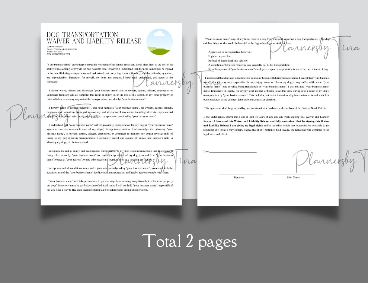 Editable and Printable Dog Transportation Waiver and Liability Release ...