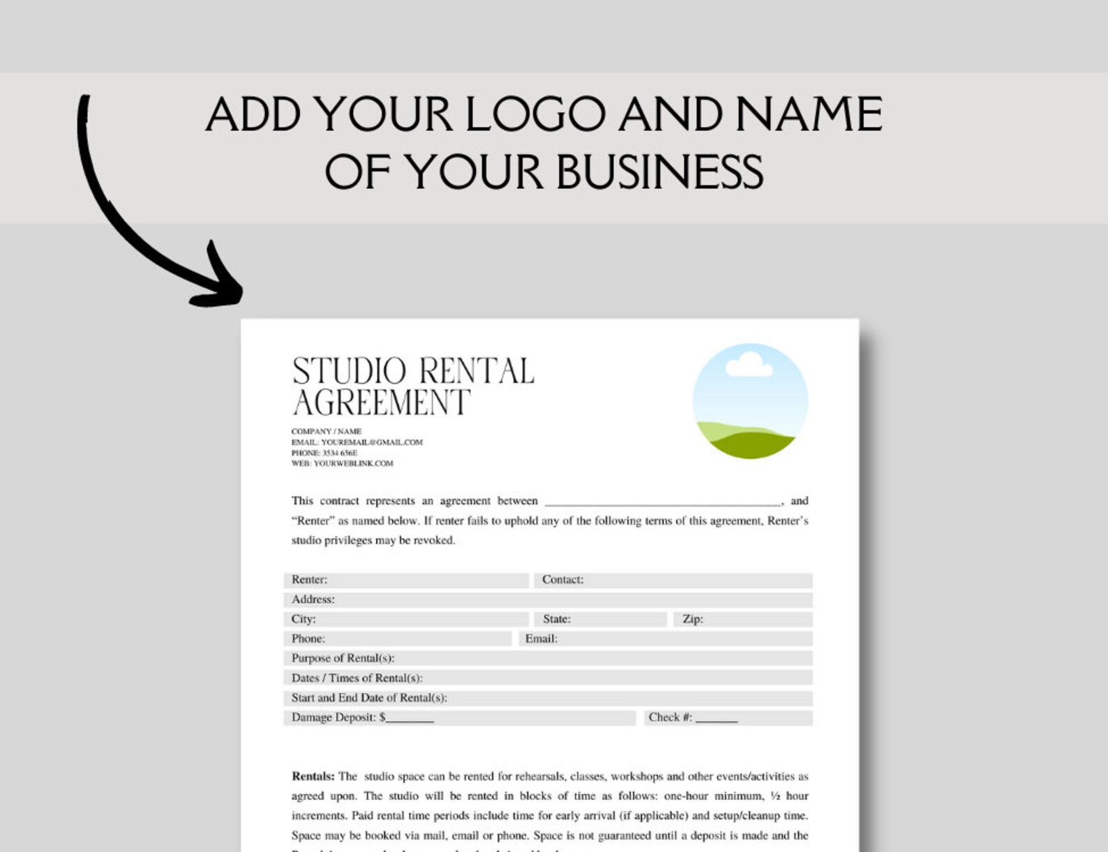 Editable and Printable Studio Rental Agreement Contract Template ...