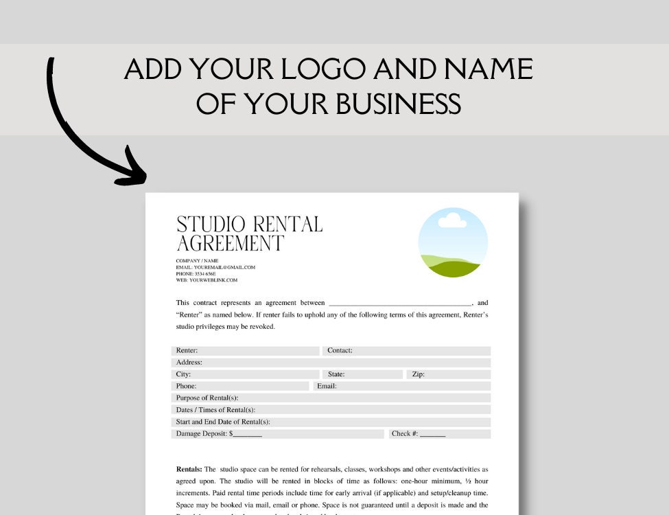 Editable and Printable Studio Rental Agreement Contract Template ...